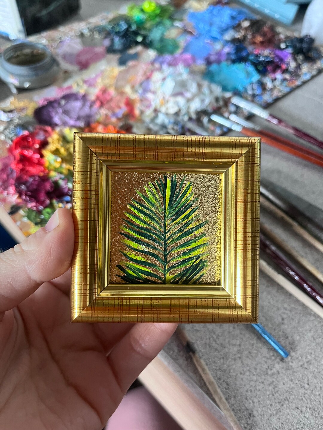 Palm Leaf Oil Painting With Gold Leaf Framed Original 2x2 Oil Painting ...