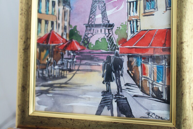 Paris red cafe painting watercolor original framed Eiffel | Etsy