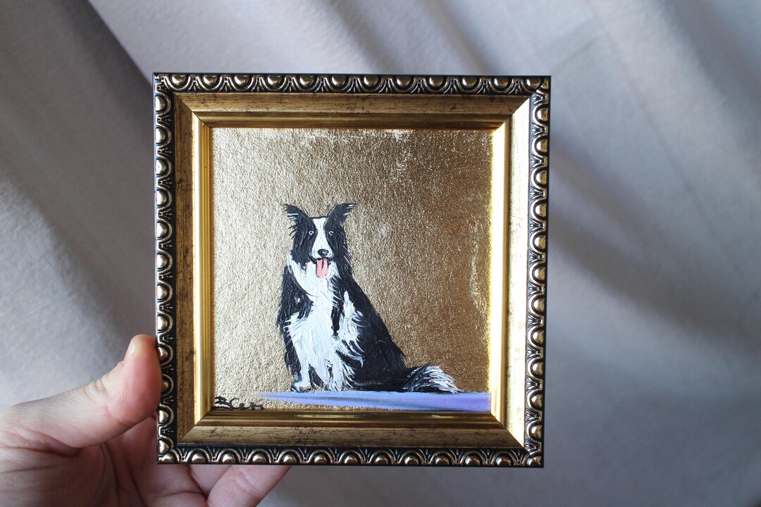 Border Collie Oil Painting With Gold Leaf - Framed Dog Portrait (4x4 ...