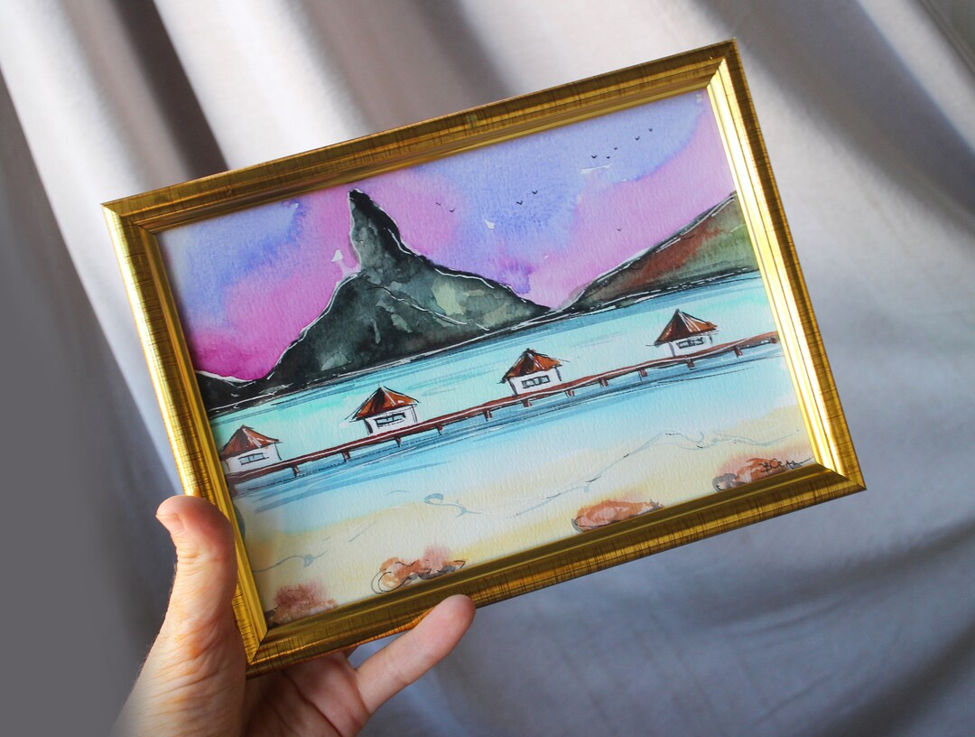 Le Meridien Bora Bora Painting Watercolor Sketch Framed Original Ocean ...