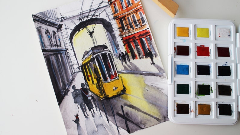 Tram Painting Watercolor Original Framed Cityscape Tram | Etsy