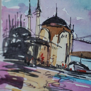 Painting Istanbul Bridge Watercolor Original Turkish Framed - Etsy