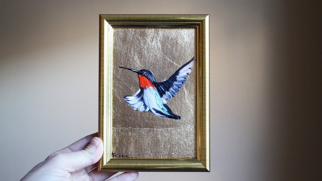Hummingbird Colibri Coruscans Oil Painting With Gold Leaf 4x6 Original ...