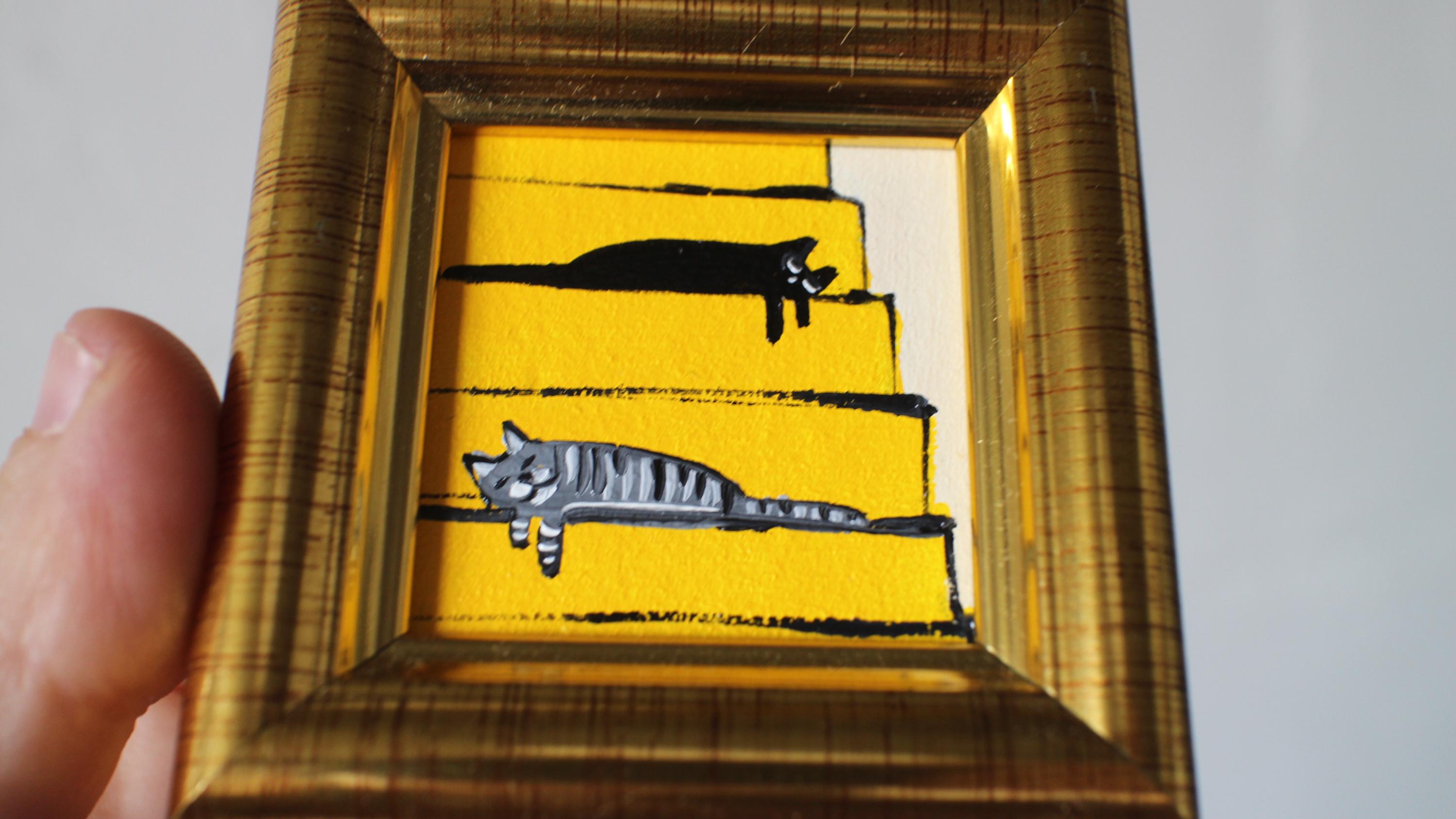 Miniature Cat Oil Painting: Gray Tabby & Black Cats Sleeping on Stairs ...