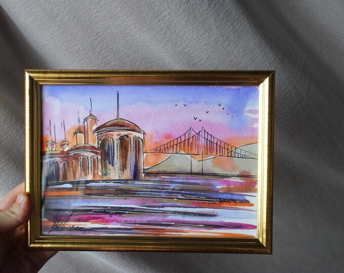 Painting Istanbul Bridge Watercolor Original Turkish Framed Watercolor ...