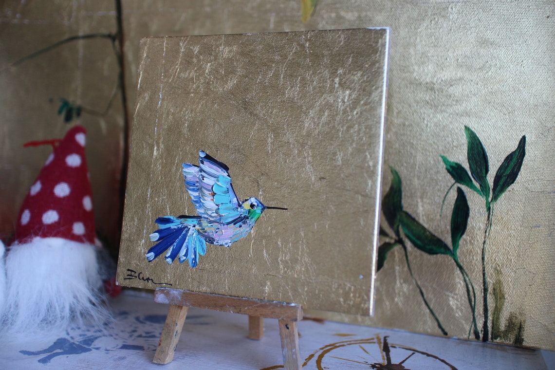 Hummingbird Colibri Coruscans Oil Painting With Gold Leaf - Etsy