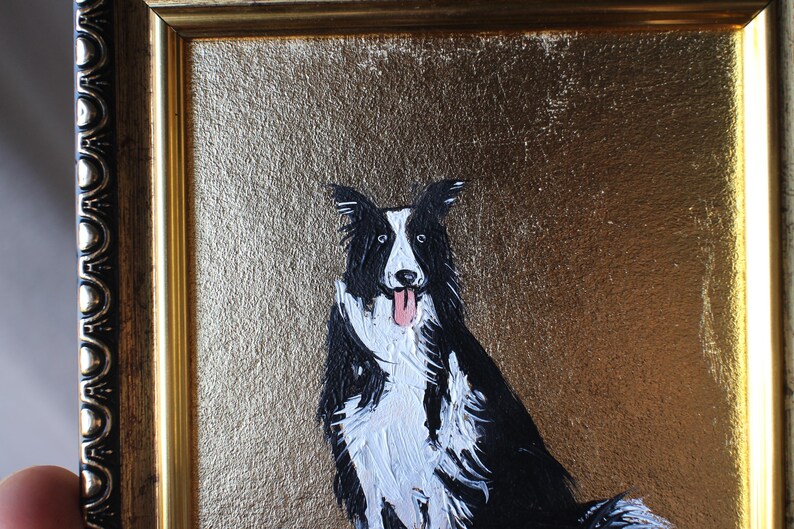 Border Collie Oil Painting With Gold Leaf - Framed Dog Portrait (4x4 ...