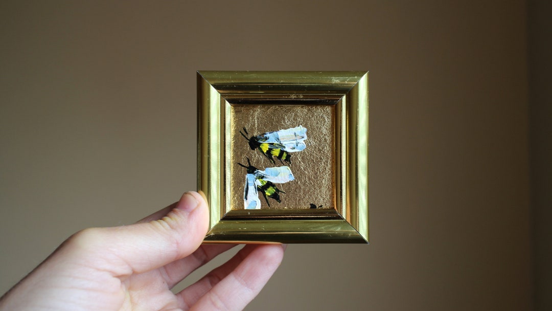 Gold Leaf Bee Painting, Framed Original Miniature Oil Painting 2x2 ...