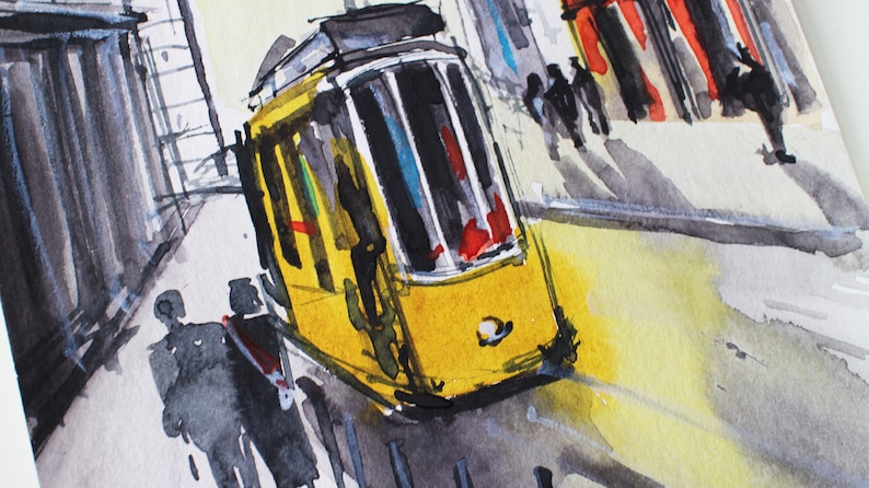 Tram Painting Watercolor Original Framed Cityscape Tram | Etsy