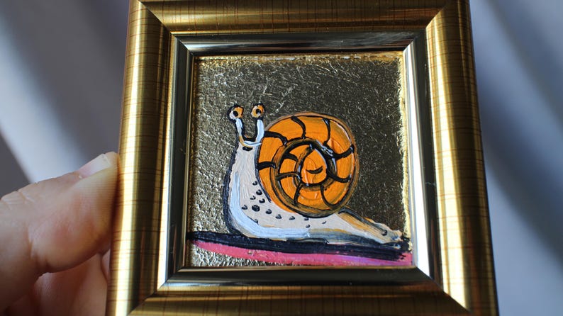 Snail Oil Painting: Original Framed Art Gold Leaf 2x2 In - Etsy