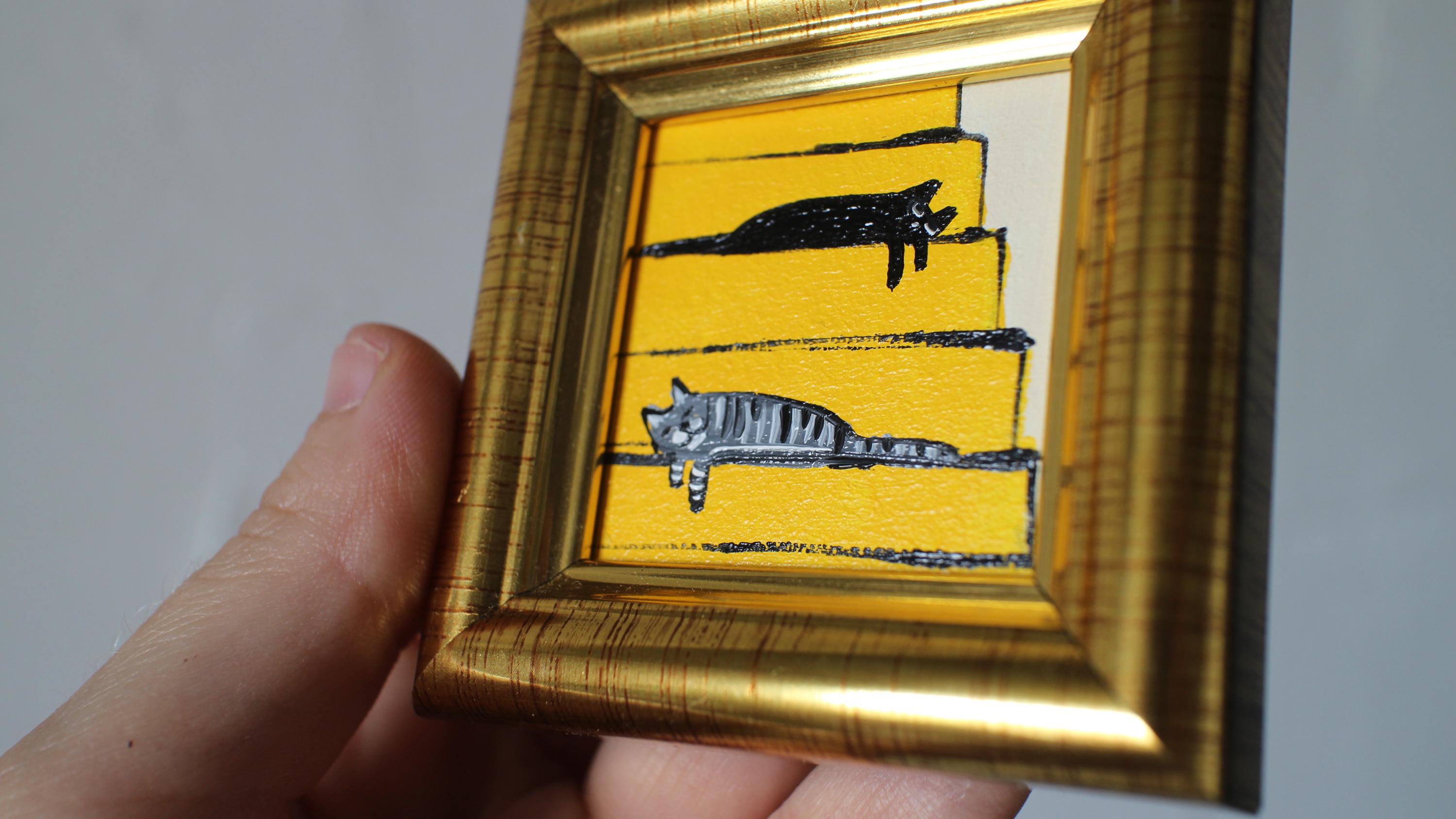 Miniature Cat Oil Painting: Gray Tabby & Black Cats Sleeping on Stairs ...