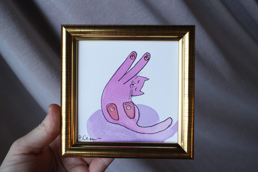Pink Cat Painting Watercolor Original Framed 4x4 Cats Hugging Painting ...