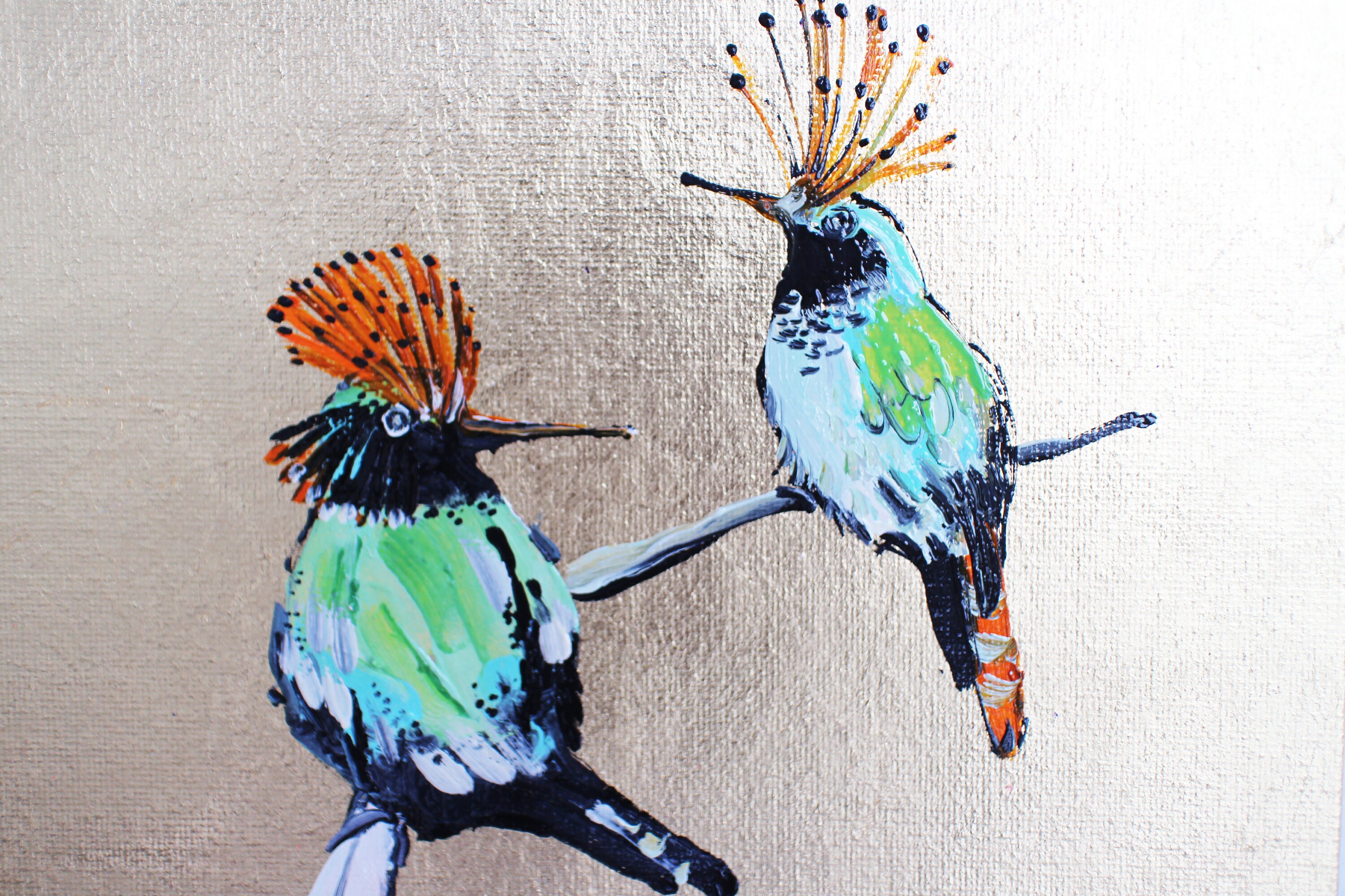 Hummingbird Oil Painting With Gold Leaf Rufous-crested | Etsy