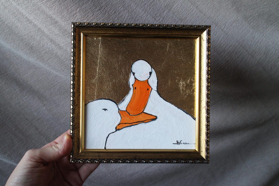 White Geese Portrait: Original Oil Painting With Gold Leaf (6x6 In) - Etsy