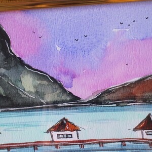 Le Meridien Bora Bora Painting Watercolor Sketch Framed Original Ocean ...