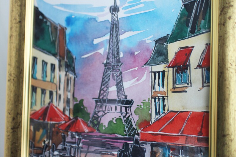 Paris red cafe painting watercolor original framed Eiffel | Etsy