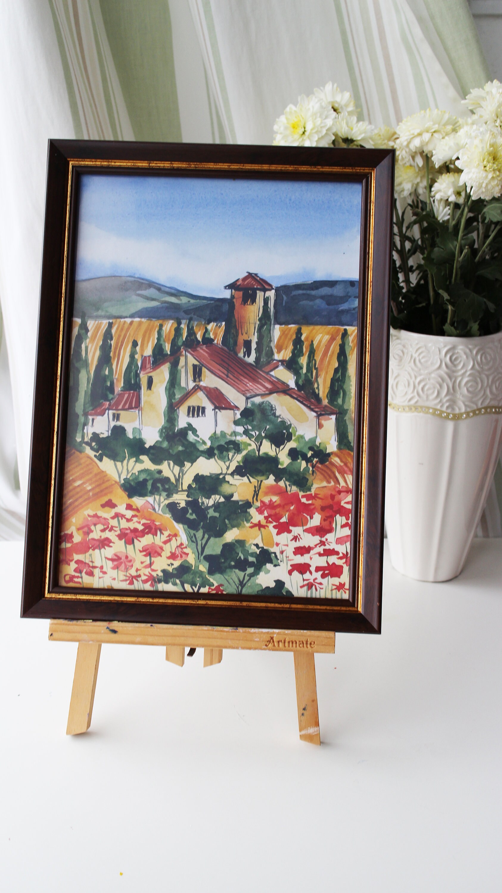 Tuscany Italy poppy field painting watercolor original framed | Etsy