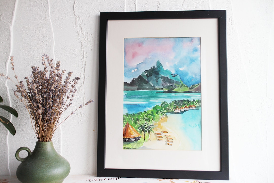 Bora Bora Painting: Original Watercolor Ocean Sketch, Framed Wall Art ...