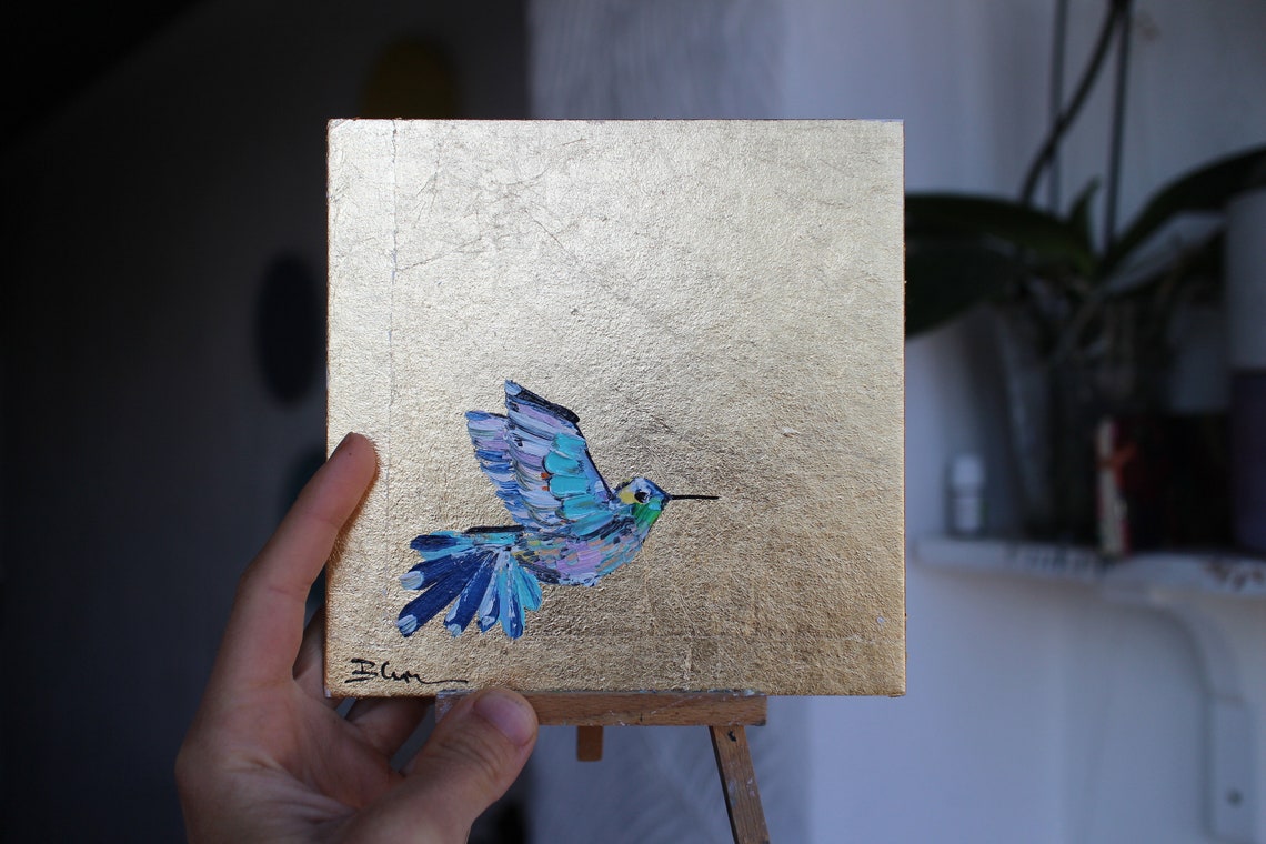 Hummingbird Colibri Coruscans Oil Painting With Gold Leaf - Etsy