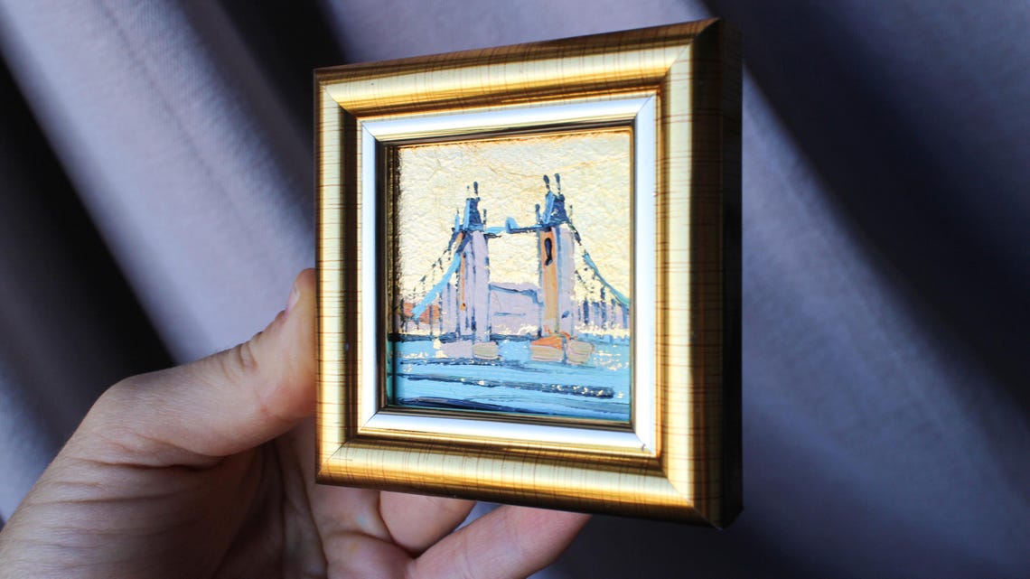 London Tower Bridge Oil Painting With Gold Leaf - Framed Original Art ...