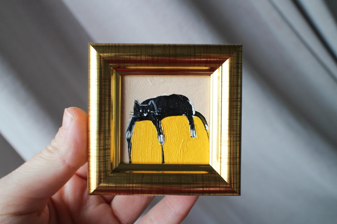 Miniature Black Cat Shares Yellow Chair Oil Painting: Handmade Framed ...