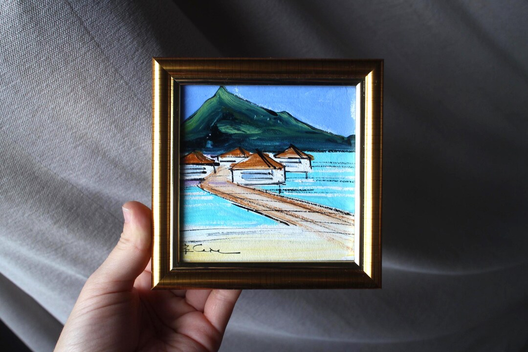 Le Meridien Bora Bora Painting: Framed Original Oil, 4x4" Small Wall ...