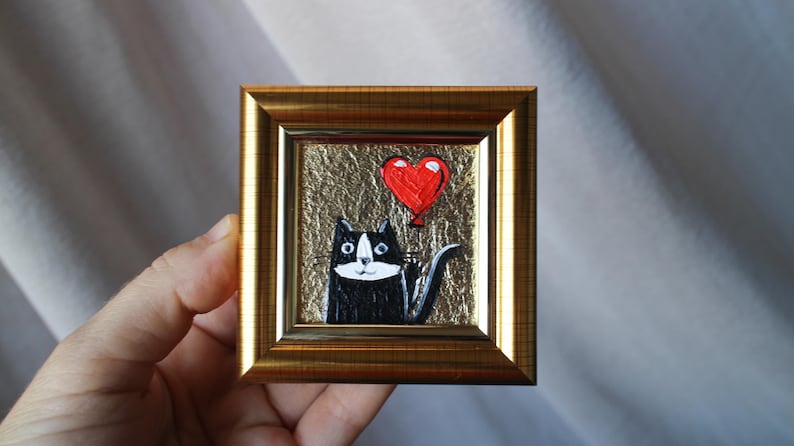 Black Cat Valentine Craft Kid Oil Painting With Gold Leaf (2x2 Inch) - Etsy