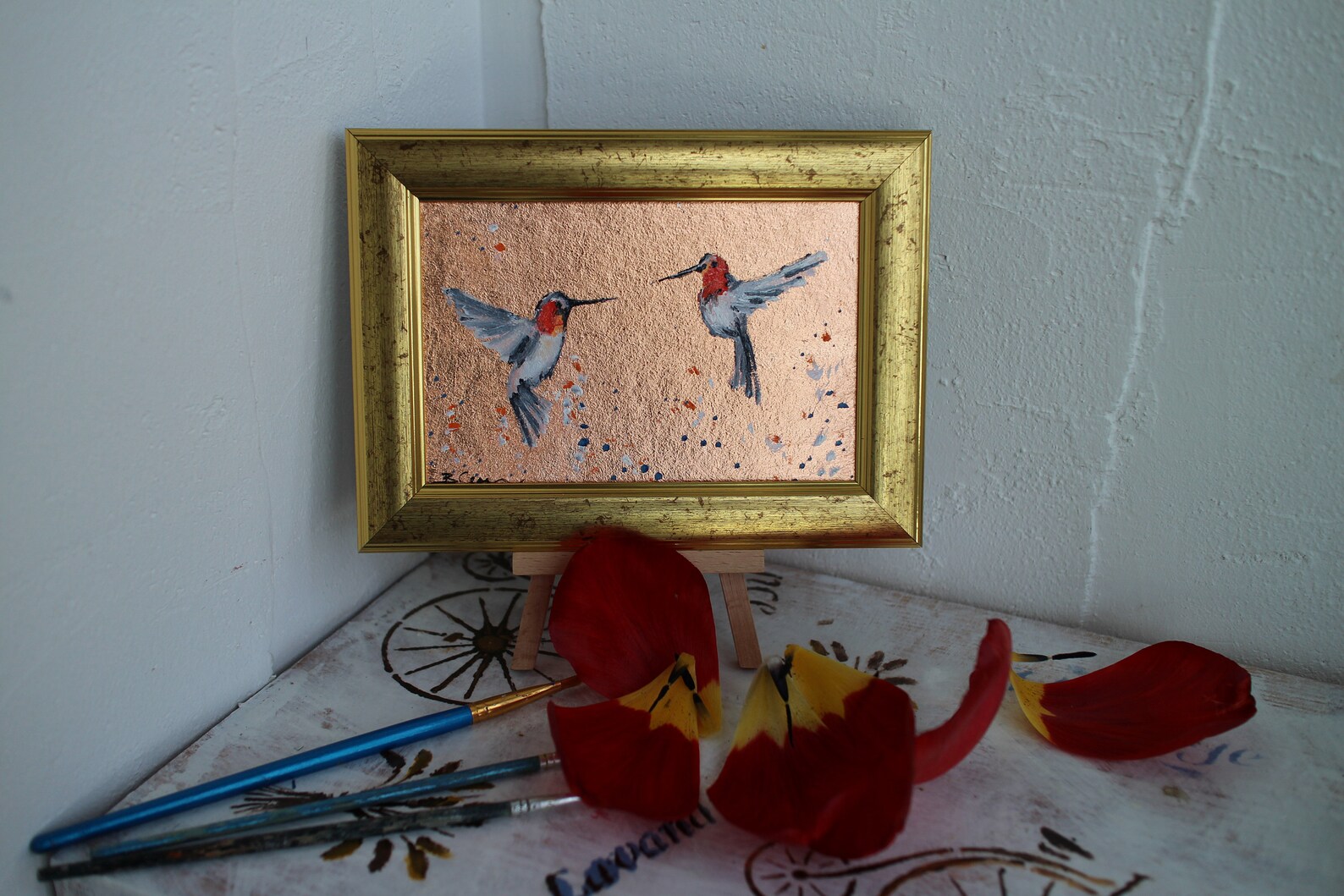 Hummingbird Colibri Coruscans Oil Painting With Bronze Leaf | Etsy