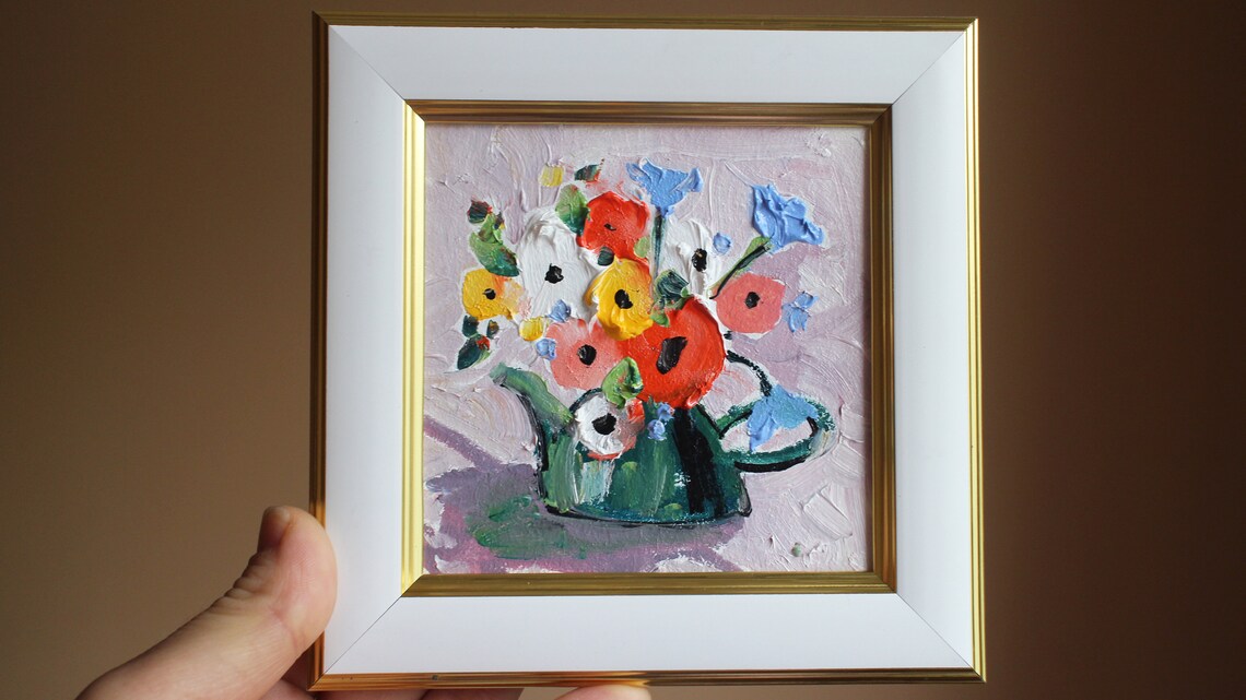 Kettle With Wild Flowers Oil Painting Framed Original Floral - Etsy