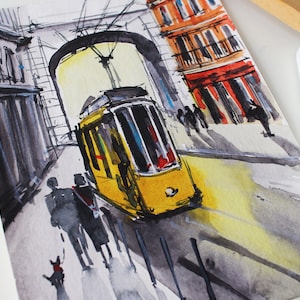 Tram Painting Watercolor Original Framed Cityscape Tram - Etsy