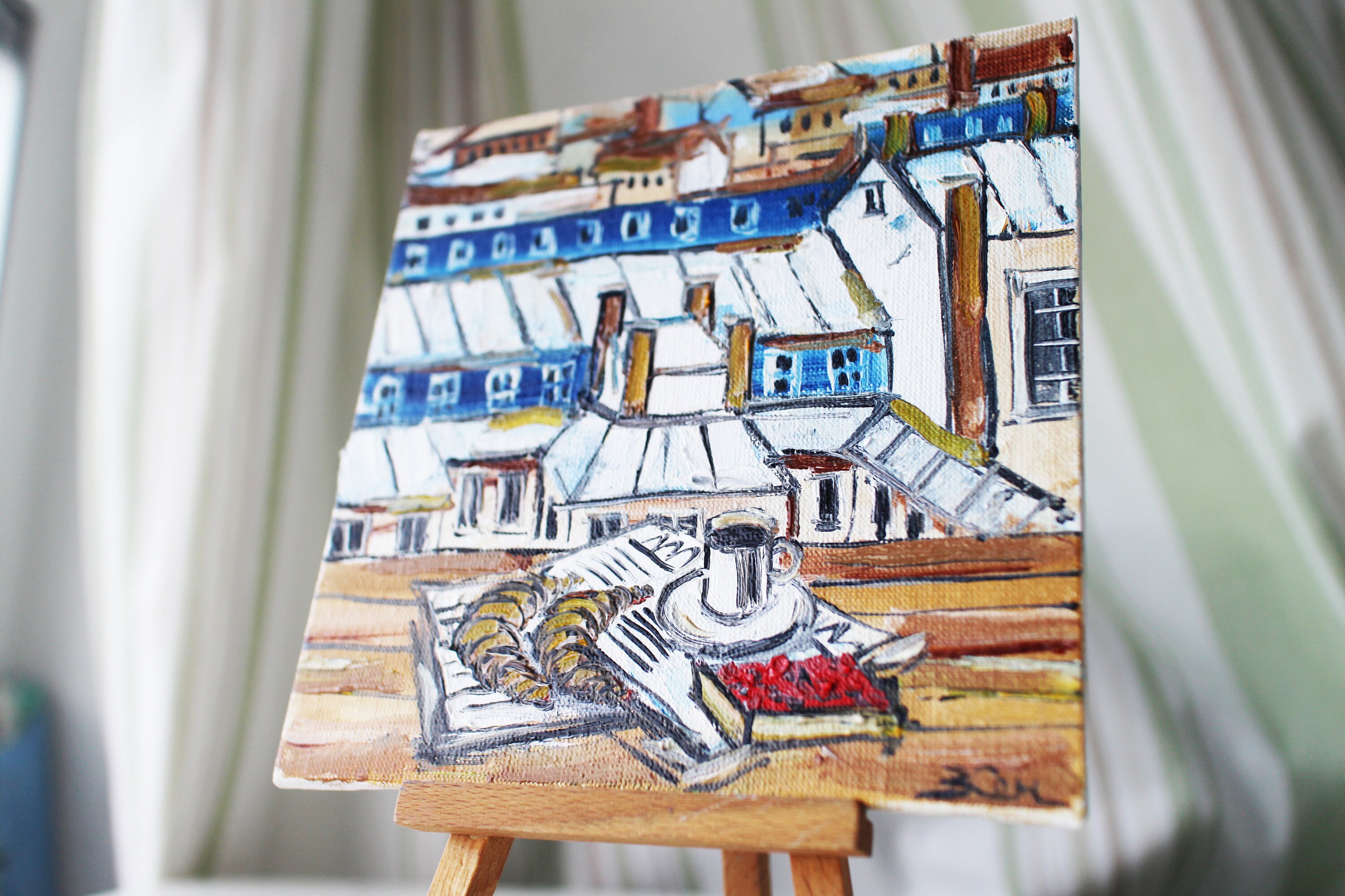 Paris breakfast croissant coffee oil painting framed rooftops | Etsy