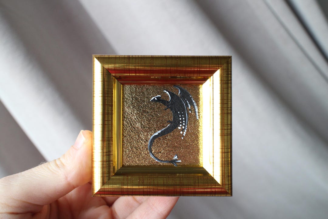 Black Dragon Miniature Oil Painting, Framed Gold Leaf Art - Etsy