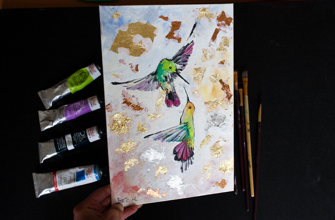 Hummingbird Colibri Coruscans Oil Painting Withgold Leaf | Etsy