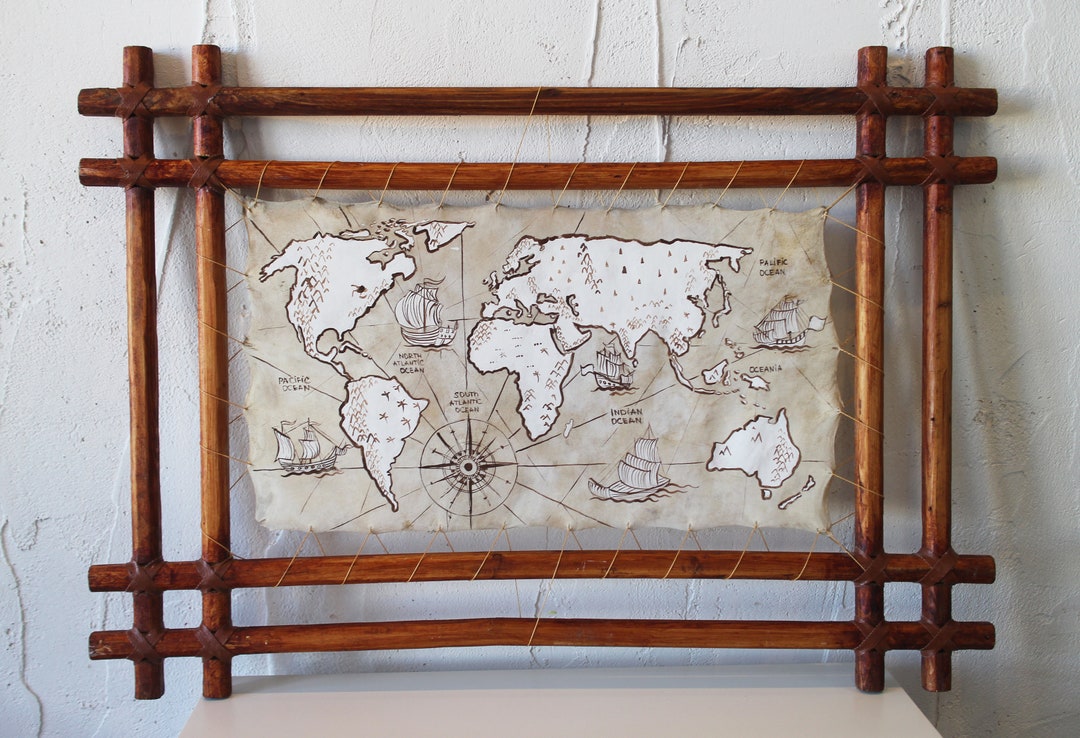 World Map Handmade Acrylic Painting on Real Leather World Map With Wood ...