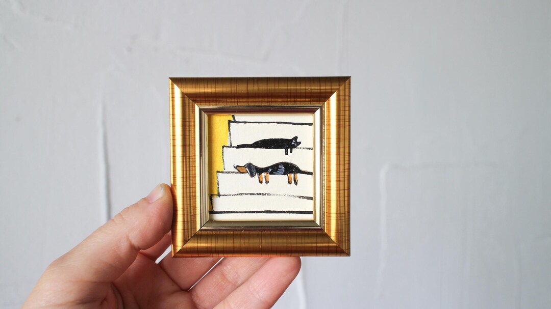 Framed Cat and Black Merle Dachshund Painting: Original Handmade Art ...