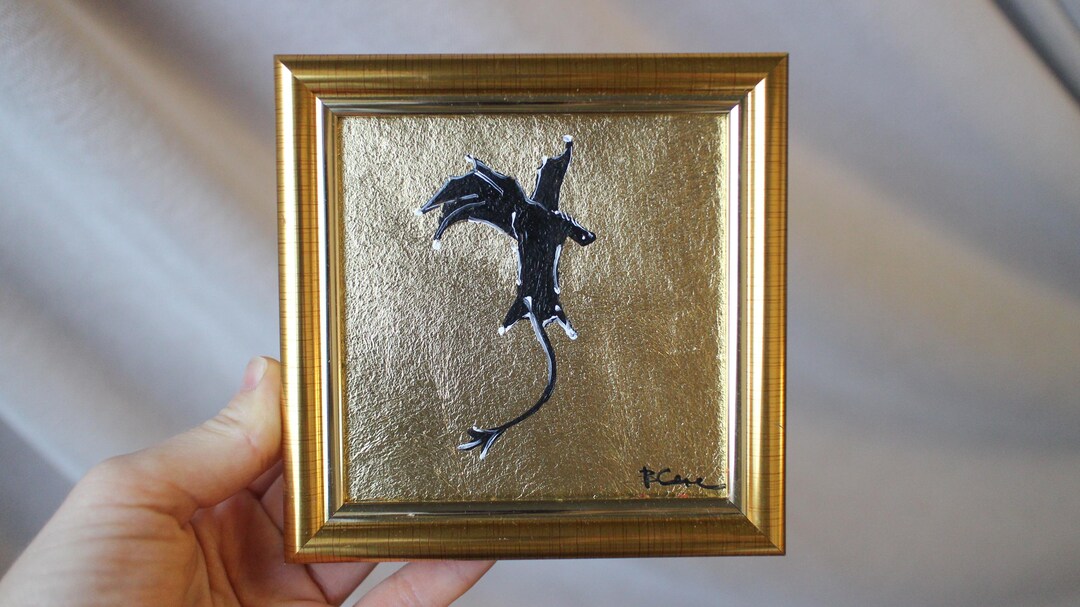 Black Dragon Miniature Oil Painting With Gold Leaf - Framed Original ...