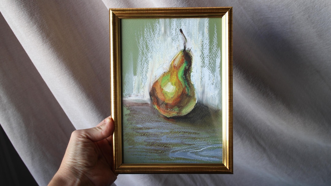 Green Yellow Pear Oil Pastel Painting Framed Pear Sketch Painting ...