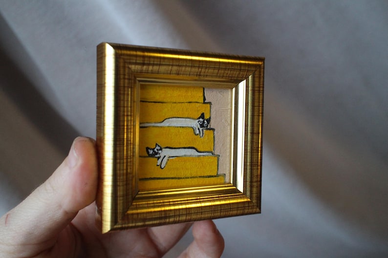 Miniature Oil Painting Siamese Cat Oil Painting Two White Cats on ...