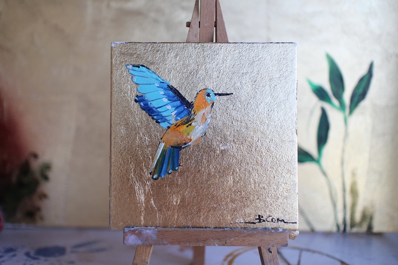 Hummingbird Colibri Coruscans Oil Painting With Gold Leaf - Etsy