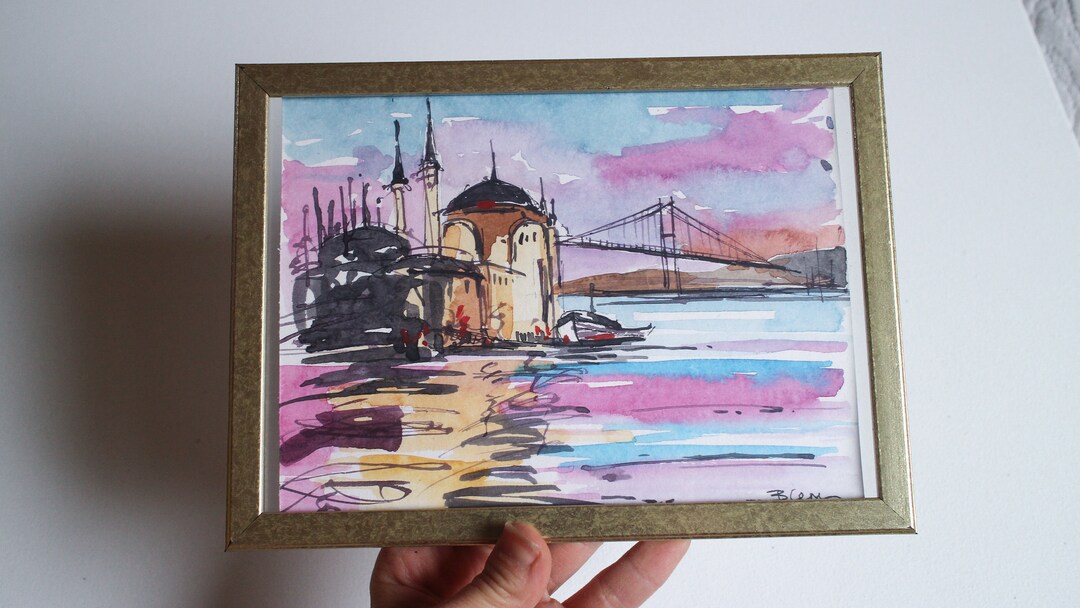 Painting Istanbul Bridge Watercolor Original Turkish Framed - Etsy