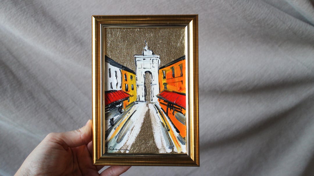 Lisbon Street Arch Portugal Oil Painting With Gold Leaf Original Framed ...