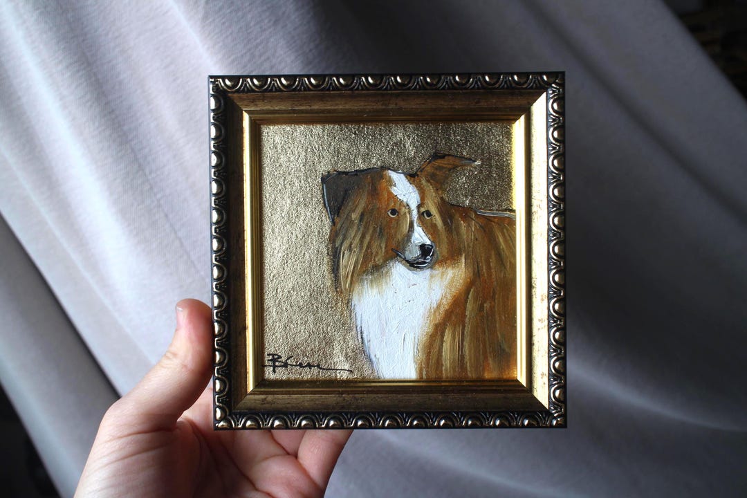 Collie Dog Portrait Oil Painting: Gold Leaf Framed Art 4x4 Pet - Etsy