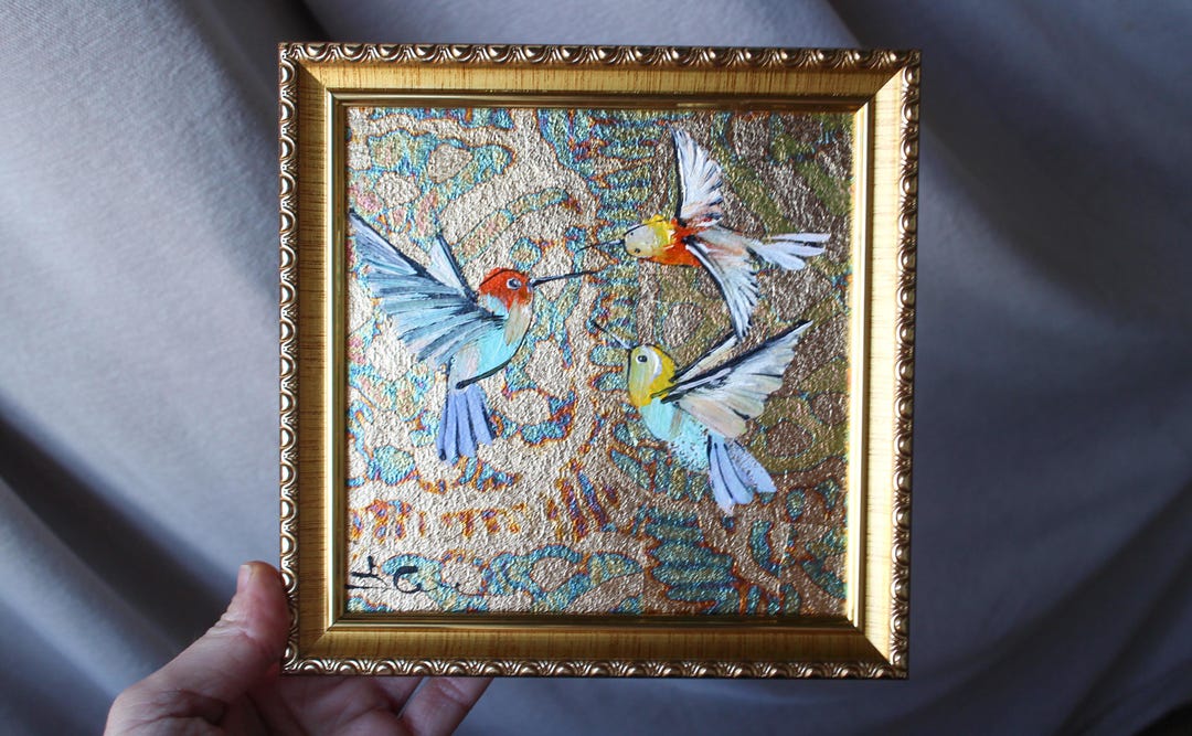 Hummingbirds Colibri Oil Painting With Gold Gold Leaf Framed 6x6 Gold ...