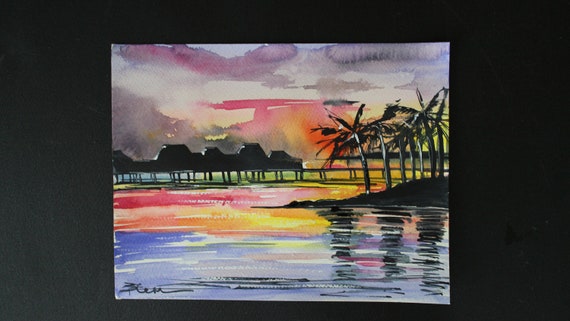 Bora Bora Tahiti Sunset Painting Watercolor Sketch Framed | Etsy