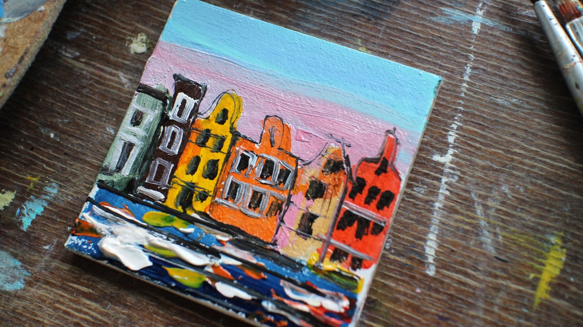 Amsterdam Oil painting framed original 2x2 in Holland | Etsy