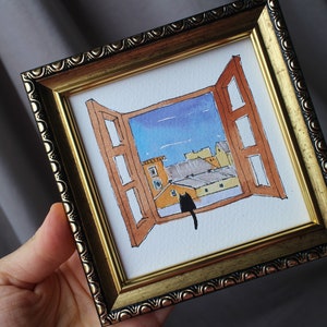 Black Cat Window Cityscape View Rooftops Painting Watercolor Original Framed 4x4 Painting ...