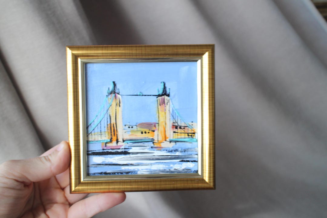Framed London Tower Bridge Oil Painting Handmade Craft: Small Cityscape ...