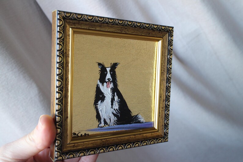 Border Collie Oil Painting With Gold Leaf - Framed Dog Portrait (4x4 ...