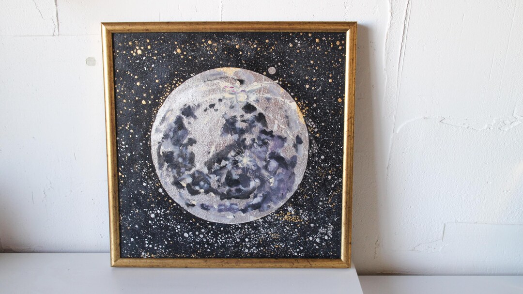 Moon Space Oil Painting Original Framed 16x16 With Gold Silver Leaf Art ...