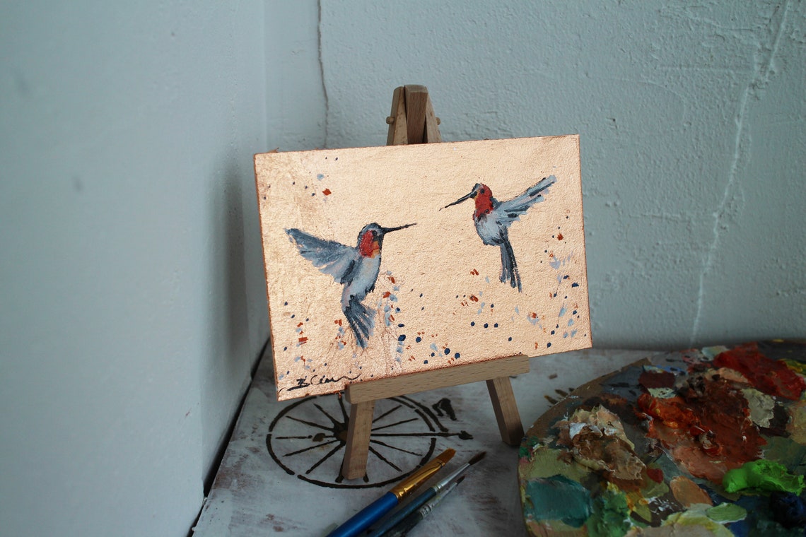 Hummingbird Colibri Coruscans Oil Painting With Bronze Leaf | Etsy